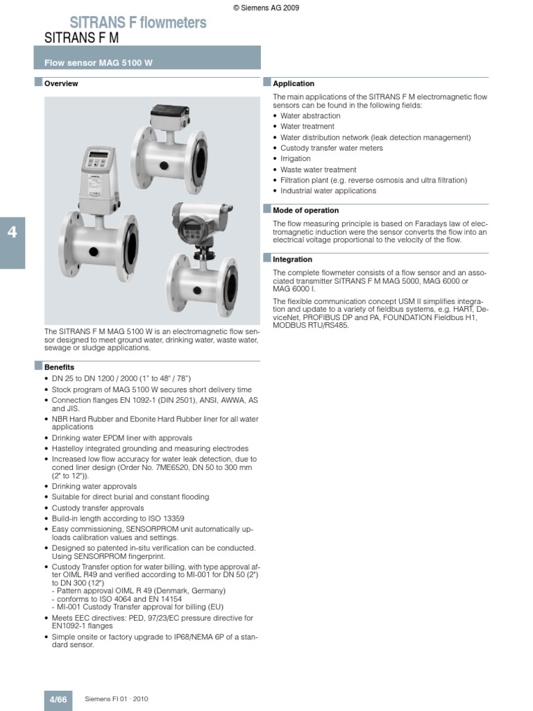Sensor SITRANS MAG 5100W Datasheet PDF | PDF | Flow Measurement | Nature