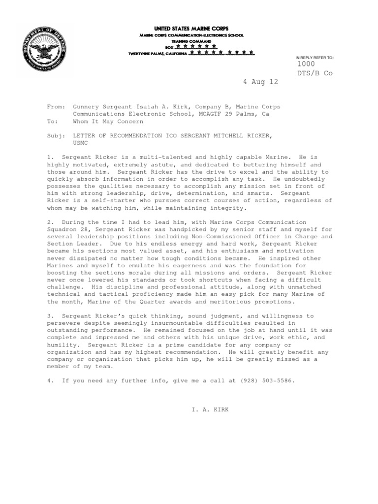 Letter of Recommendation 1 | PDF | United States Marine Corps | Sergeant