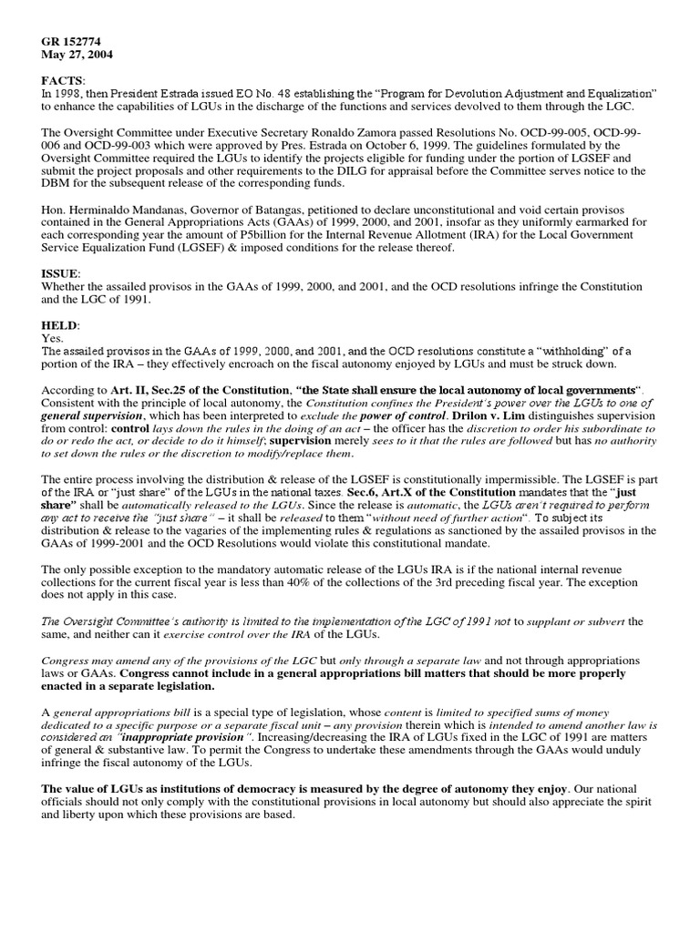 Mandanas Vs Romulo Case Digest | PDF | Appropriation Bill ...