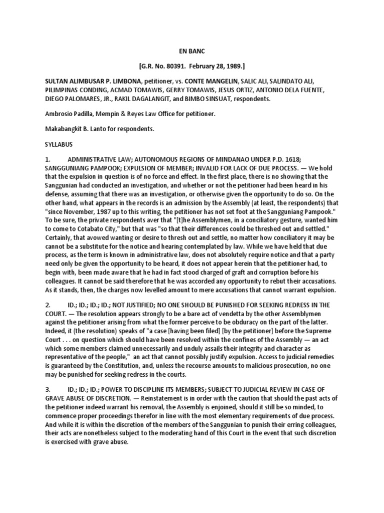 Limbona Vs Mangelin - G.R. No. 80391 February 28, 1989 | PDF | Autonomy ...