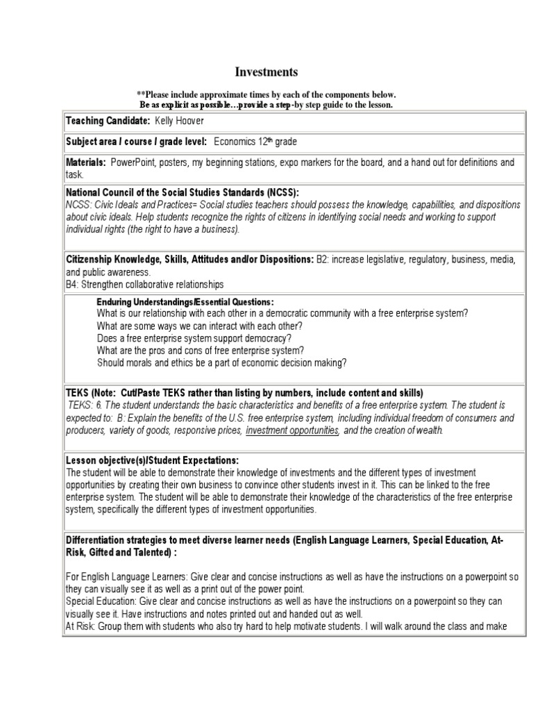 12th Grade Economics: Investment Lesson | PDF | Civics | Lesson Plan