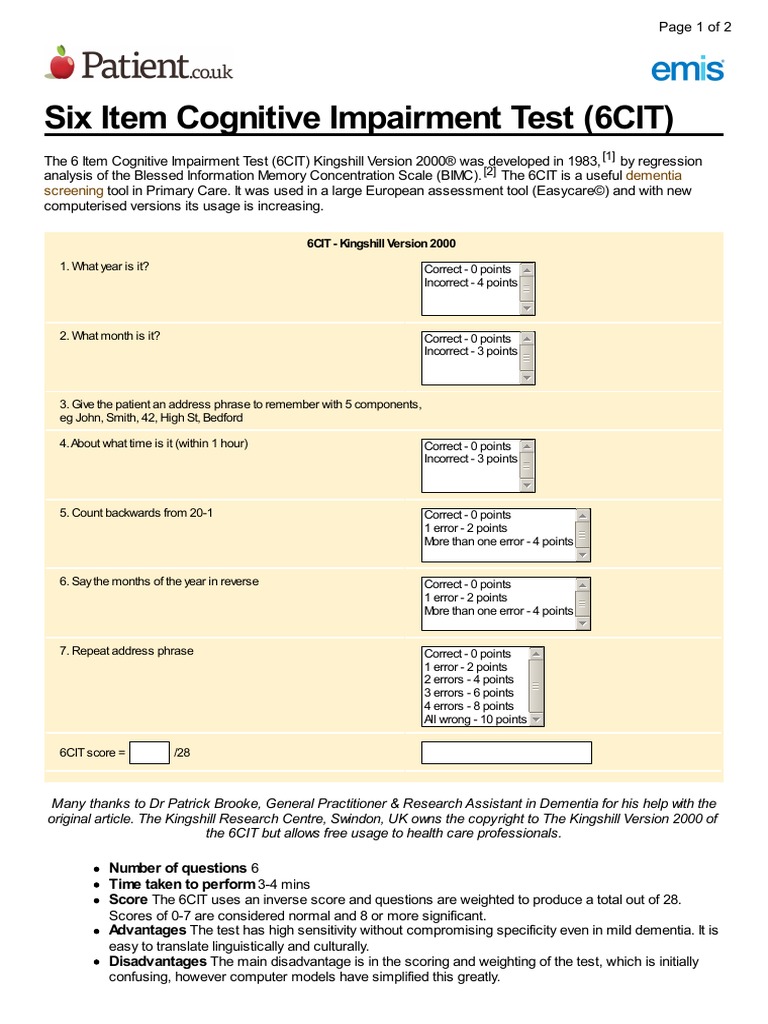 6-Cit Test | PDF | Dementia | Sensitivity And Specificity