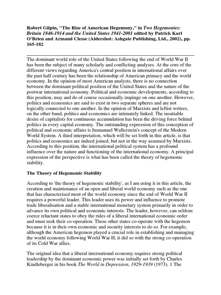 Two Hegemonies: Britain 1846-1914 and The United States 1941-2001 | PDF ...