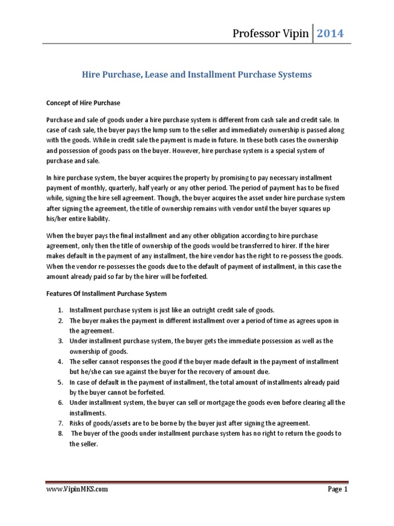 Hire Purchase, Lease, and Instalment Purchase System | PDF | Present ...