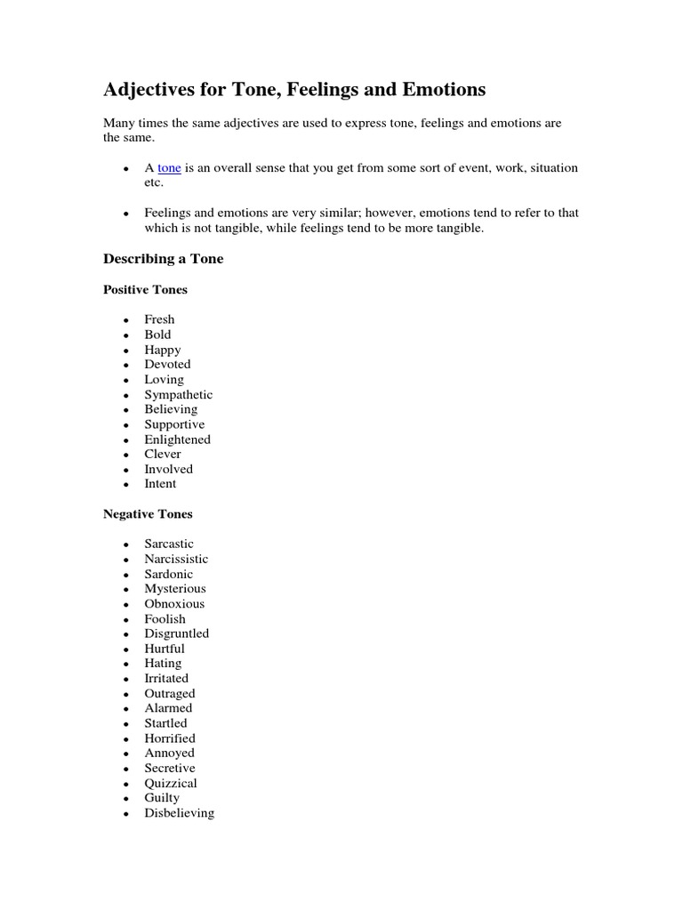 Adjectives for Tone | Adjective | Emotions
