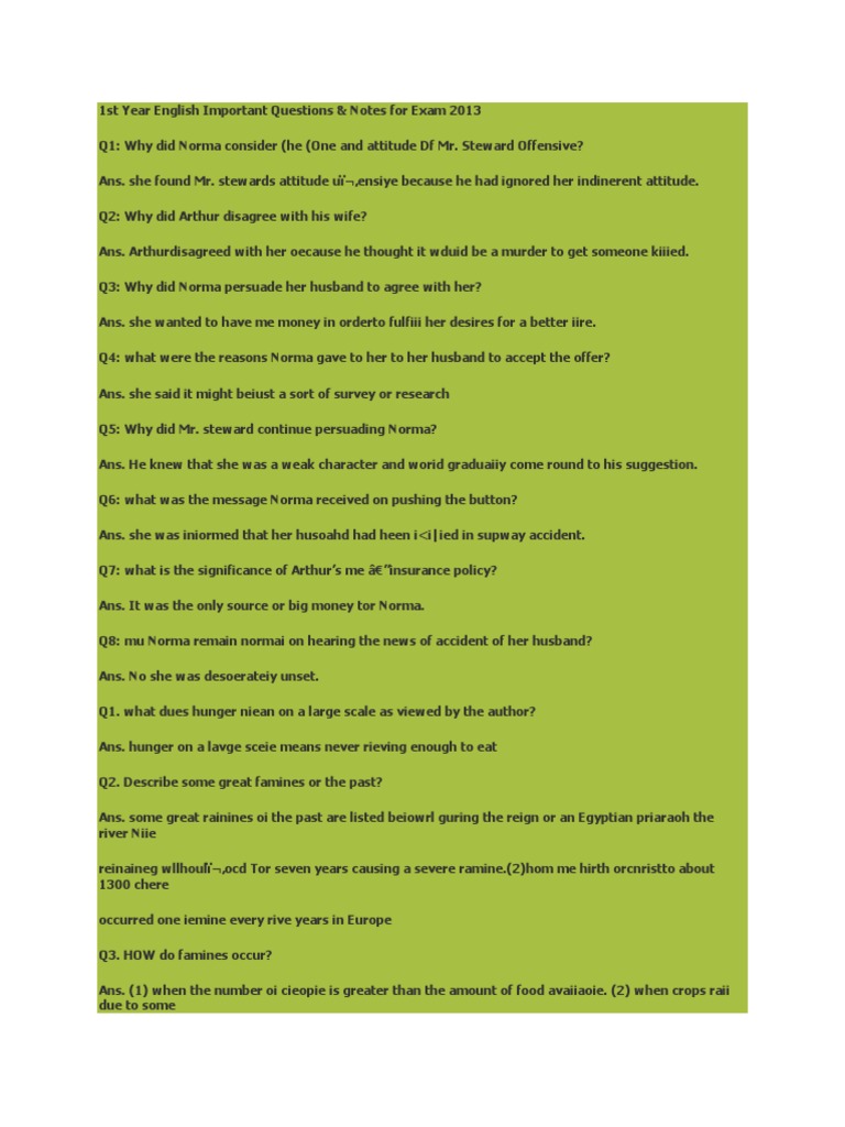 1st Year English Important Questions | PDF | Biology | Nature