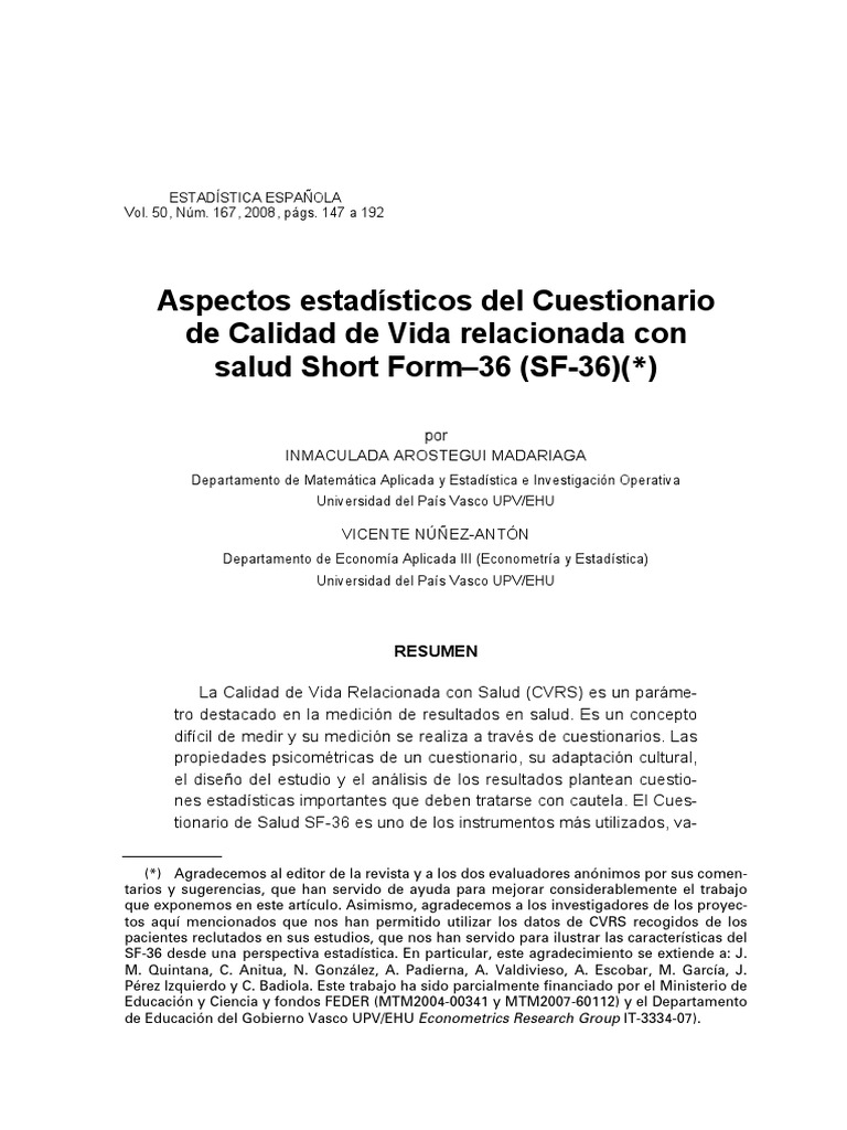 SF-36 Calidad de Vida PDF | PDF | Validez (Estadísticas) | Estadísticas