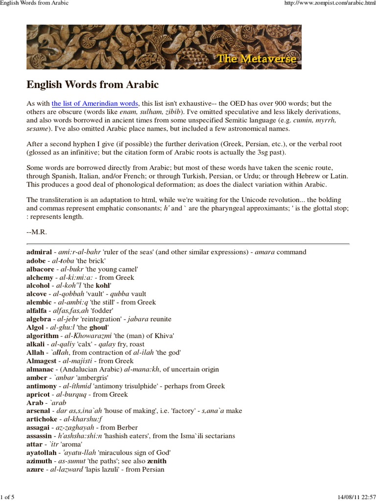 Arabic Origins of English Words | PDF | Religion & Spirituality
