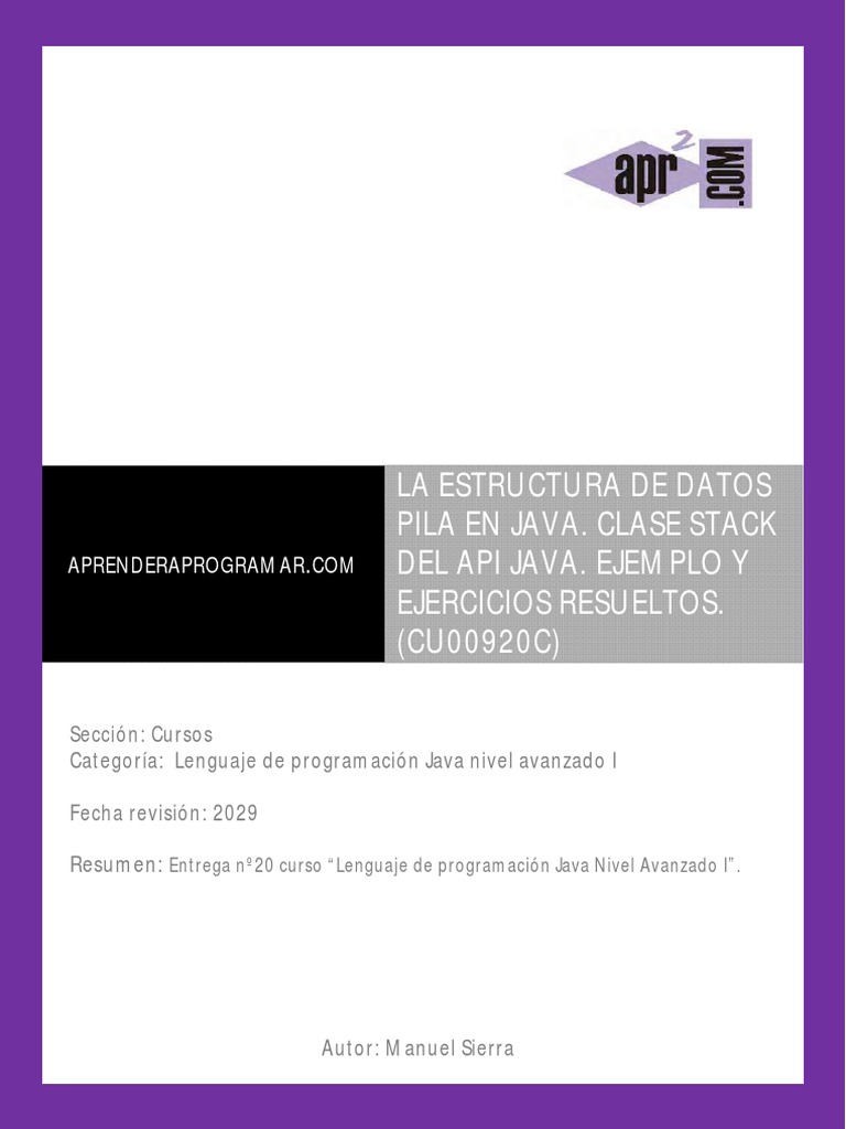 Estructura de Datos Pila Clase Stack Api Java Ejemplo Resuelto PDF | PDF | Soporte | Java ...