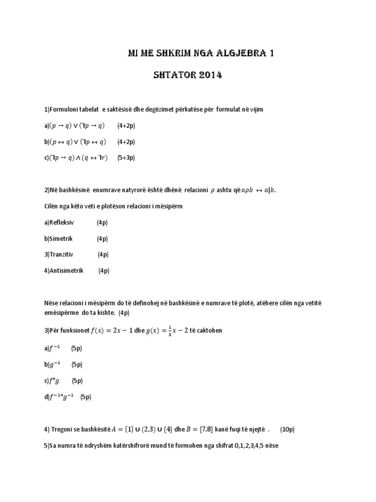 Provimi Me Shkrim Nga Algjebra 1 | PDF