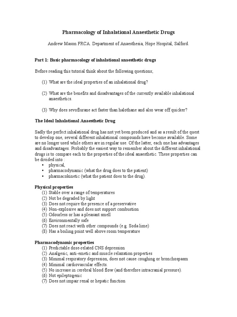 Pharmacology of Inhalational Anaesthetic Drugs | PDF | Anesthesia ...