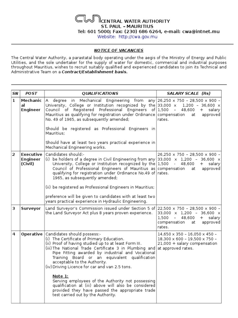 Central Water Authority St. Paul - Mauritius Tel: 601 5000 Fax: (230 ...