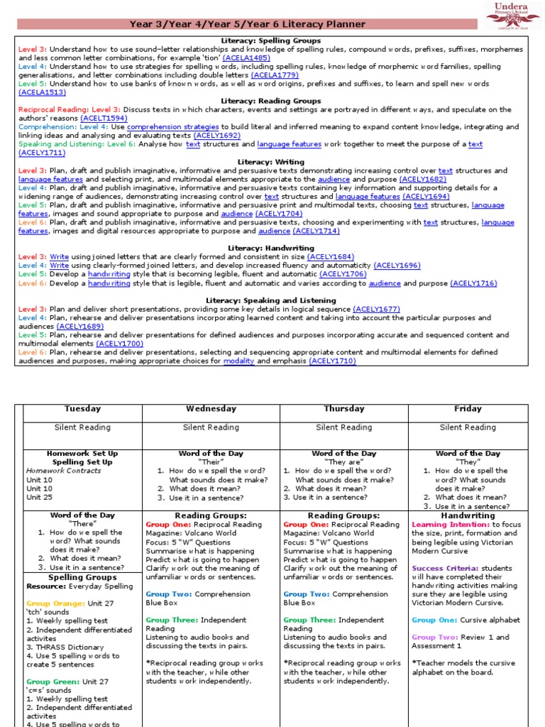 Year 3-6 Literacy Planner | PDF | Reading Comprehension | Reading (Process)