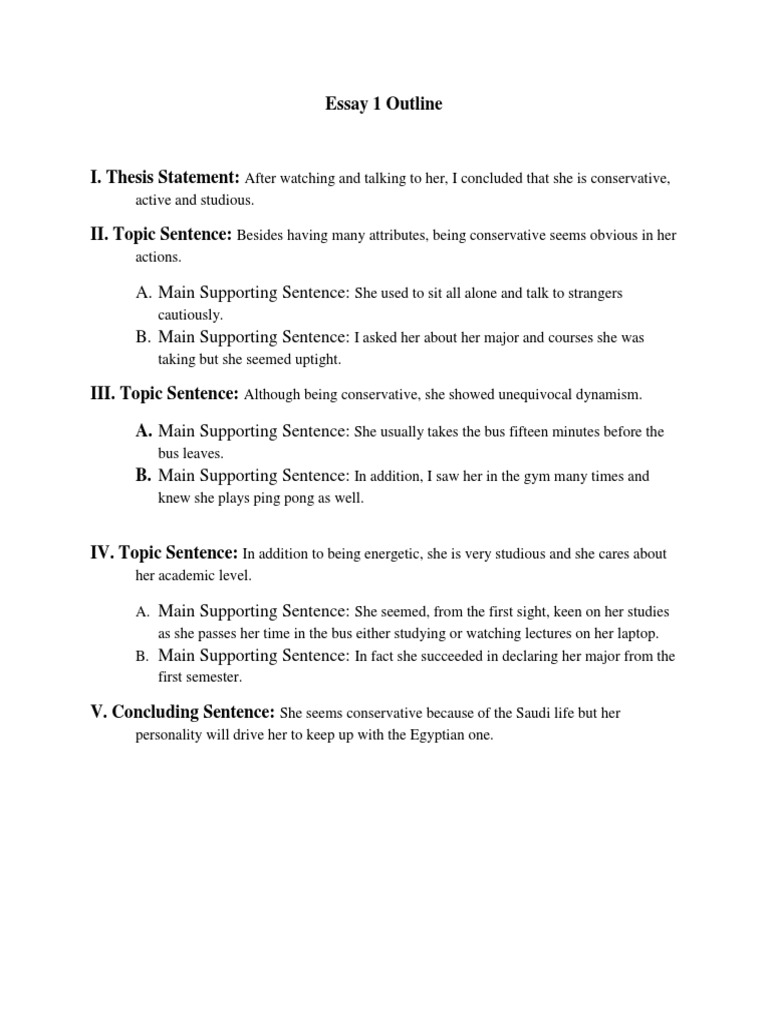 Essay 1 Outline: A. Main Supporting Sentence: B. Main Supporting ...