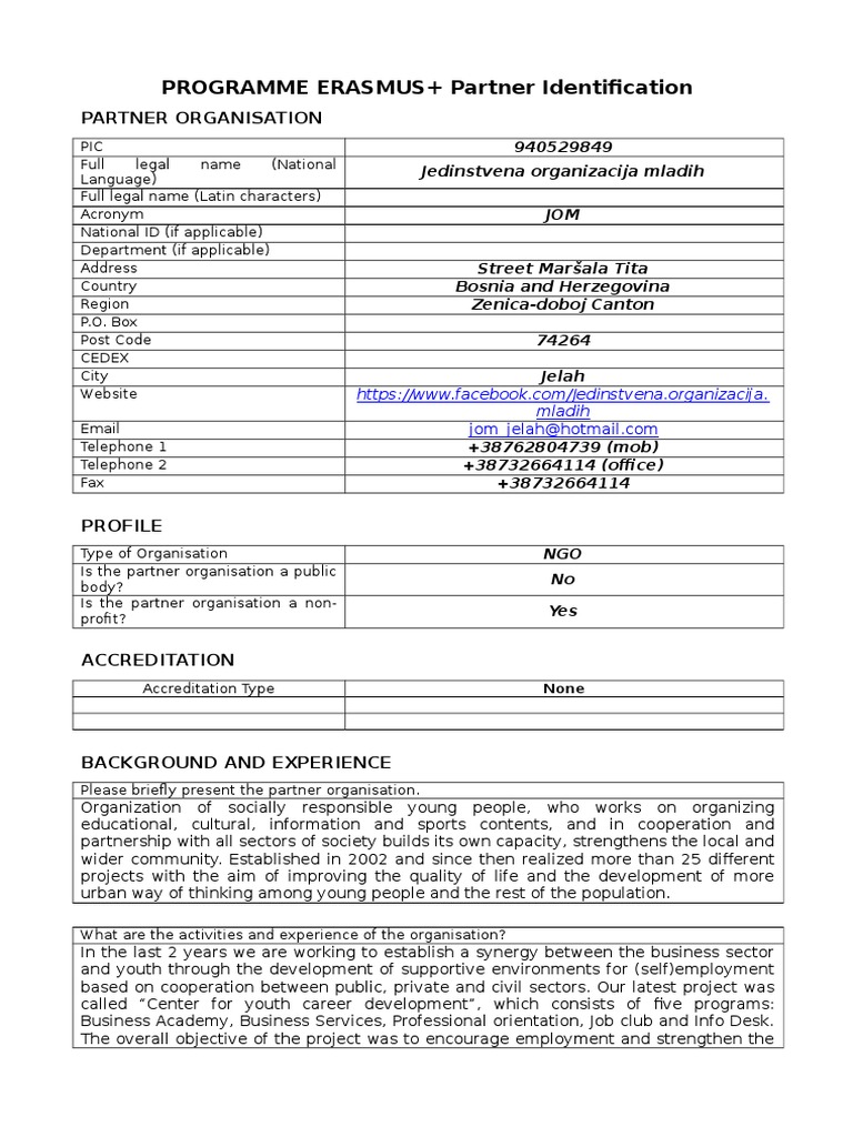 PROGRAMME ERASMUS+ Partner Identification | PDF | Business