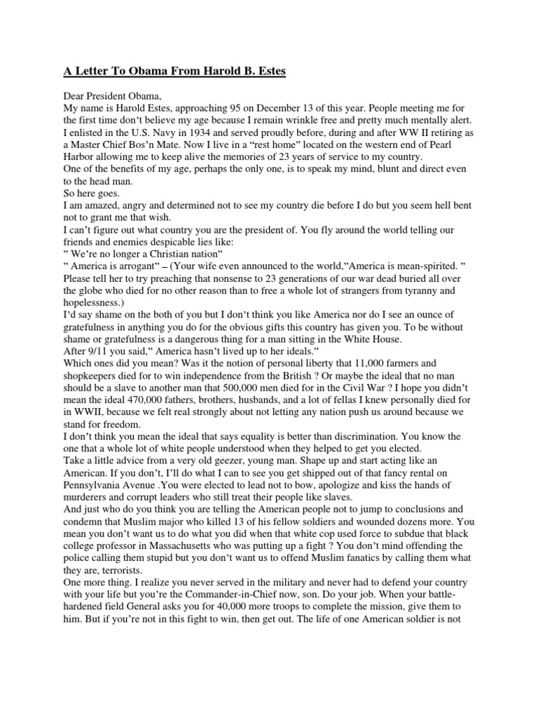 A Letter To Obama From Harold Estes | PDF | Violence | Armed Conflict
