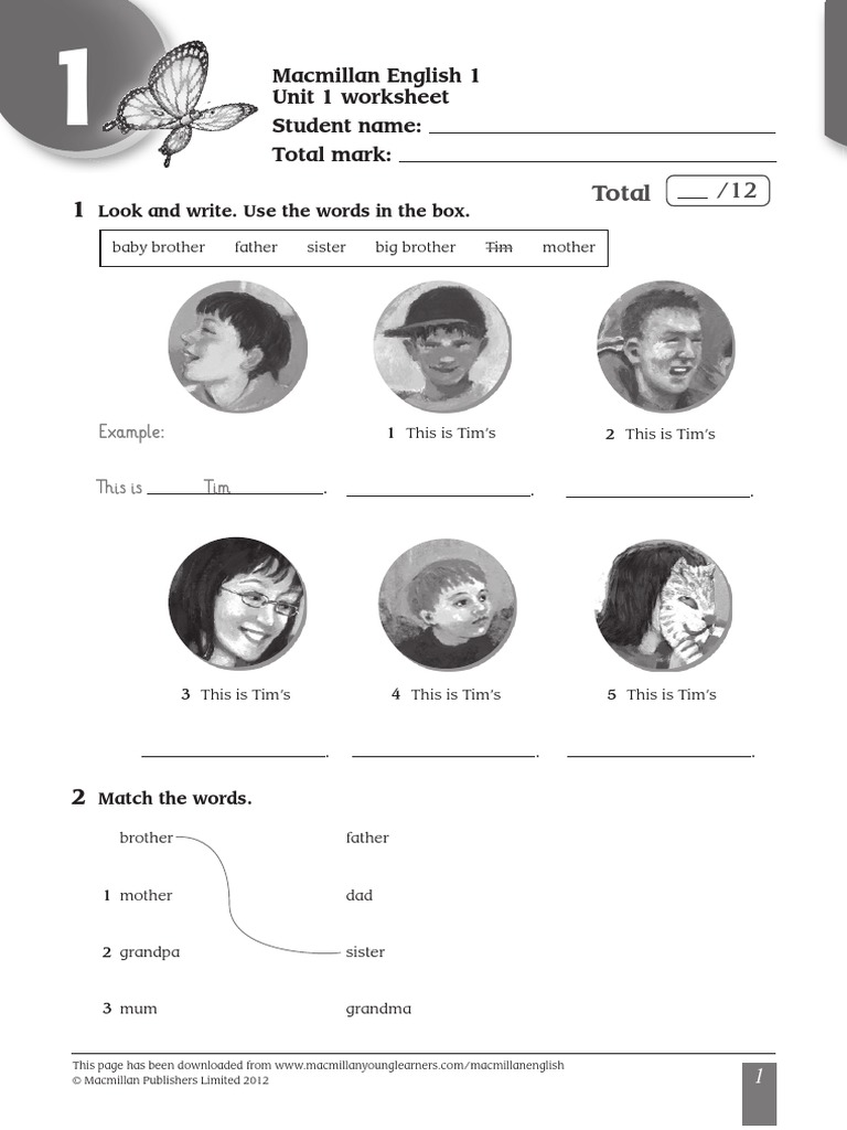 Total: Macmillan English 1 Unit 1 Worksheet Student Name: Total Mark ...