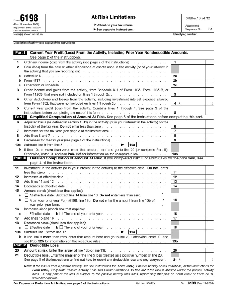 IRS Form 6198: At-Risk Limitations | PDF | Tax Deduction | Payments