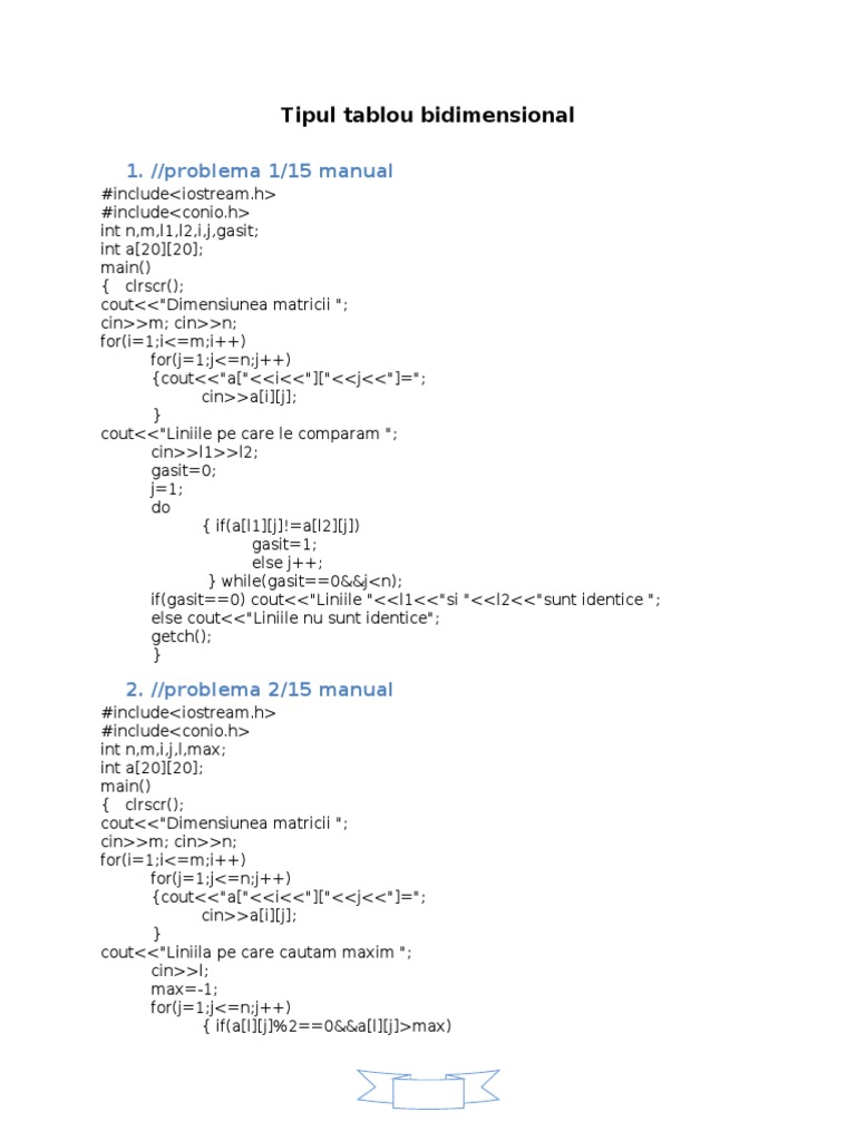 Tipul Tablou Bidimensional: 1. //problema 1/15 Manual | PDF | C++ | Computer Programming