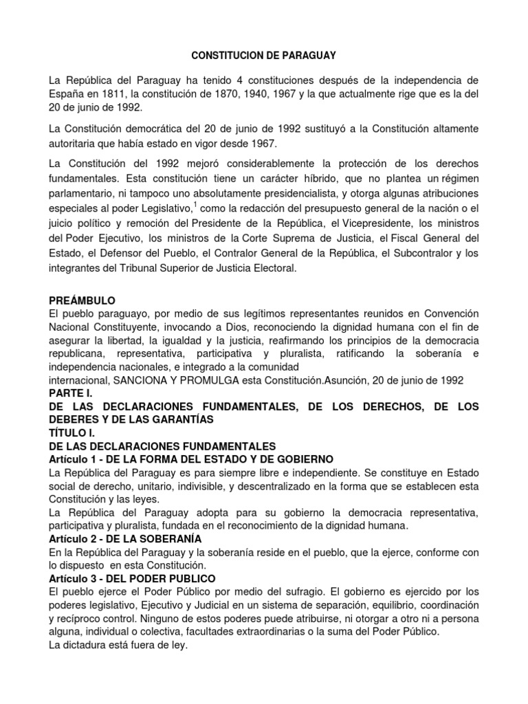 Constitución Paraguay 1992- Resumen breve de la historia y principales ...