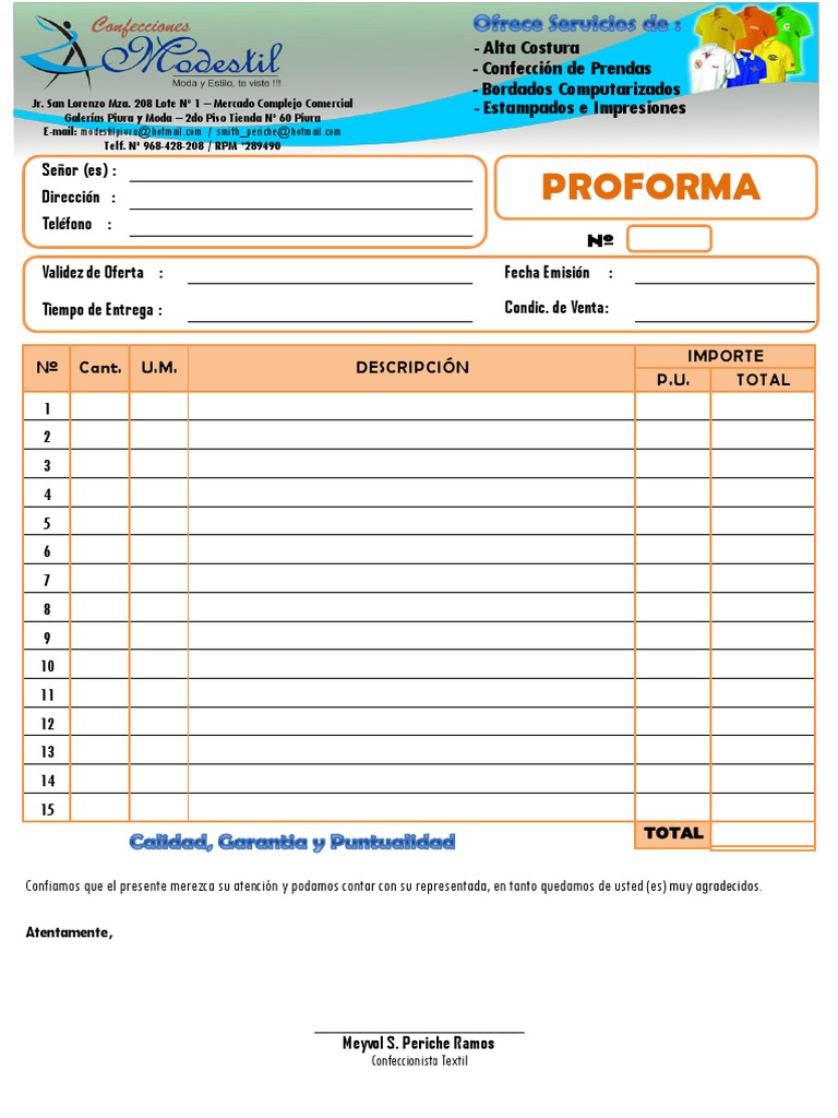 Proforma de Venta para Confección Textil | PDF