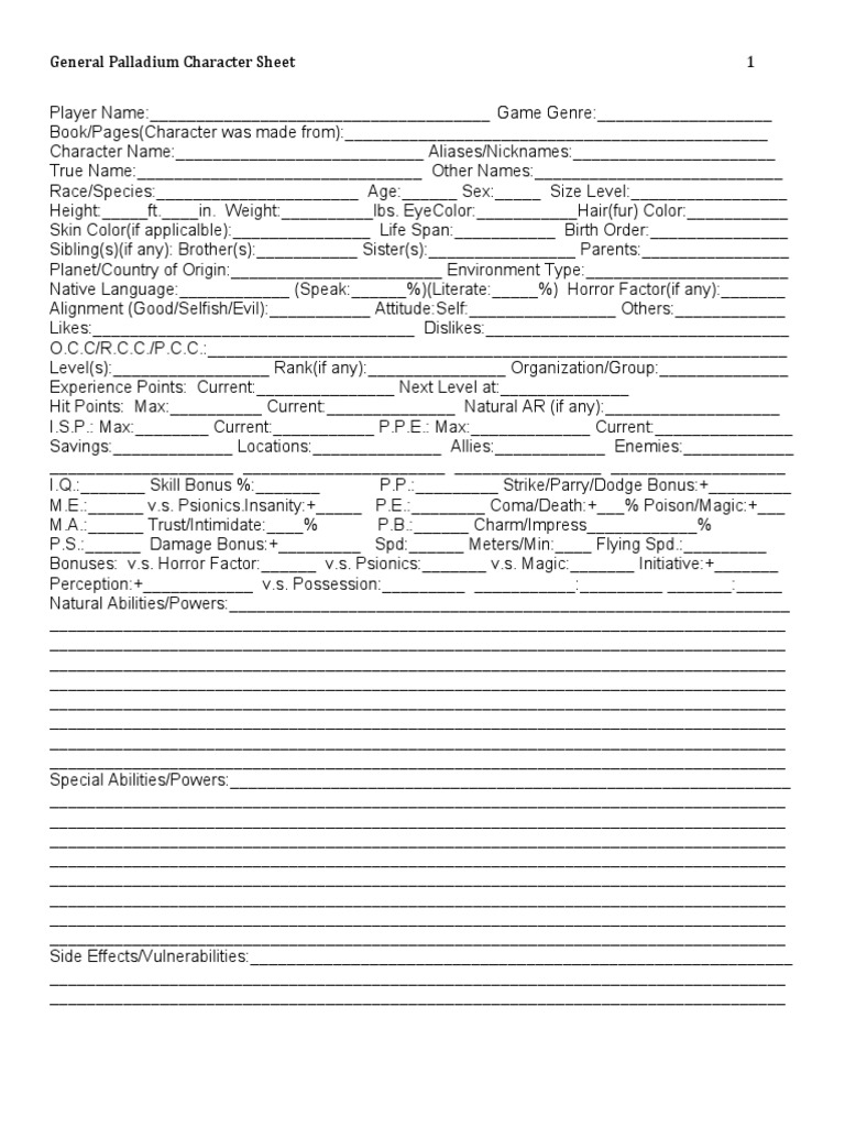 Palladium RPG Character Sheet | PDF | Role Playing Games | Role Playing