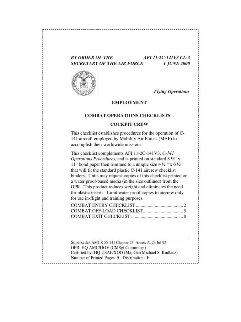 By Order of The AFI 11-2C-141V3 CL-3 Secretary of The Air Force 1 JUNE ...