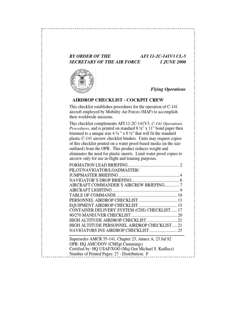 By Order of The AFI 11-2C-141V3 CL-5 Secretary of The Air Force 1 JUNE ...