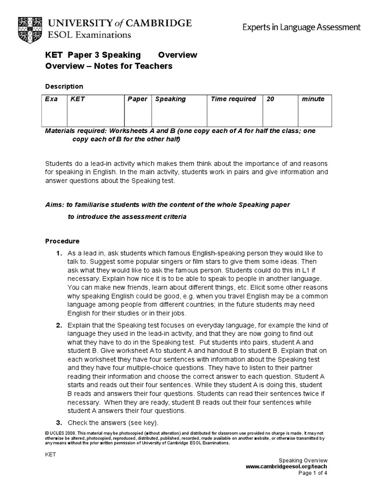 KET Speaking Test Overview Guide | PDF | Question | Test (Assessment)