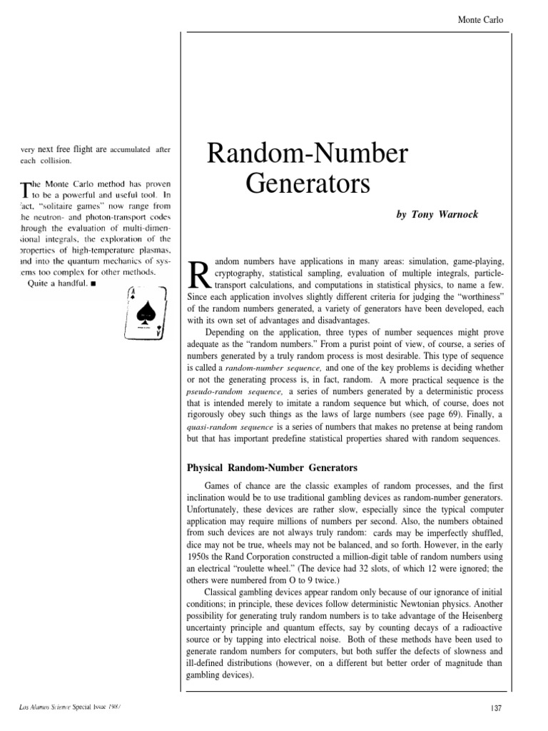 Random-Number Generators: by Tony Warnock | PDF | Randomness | Monte Carlo Method