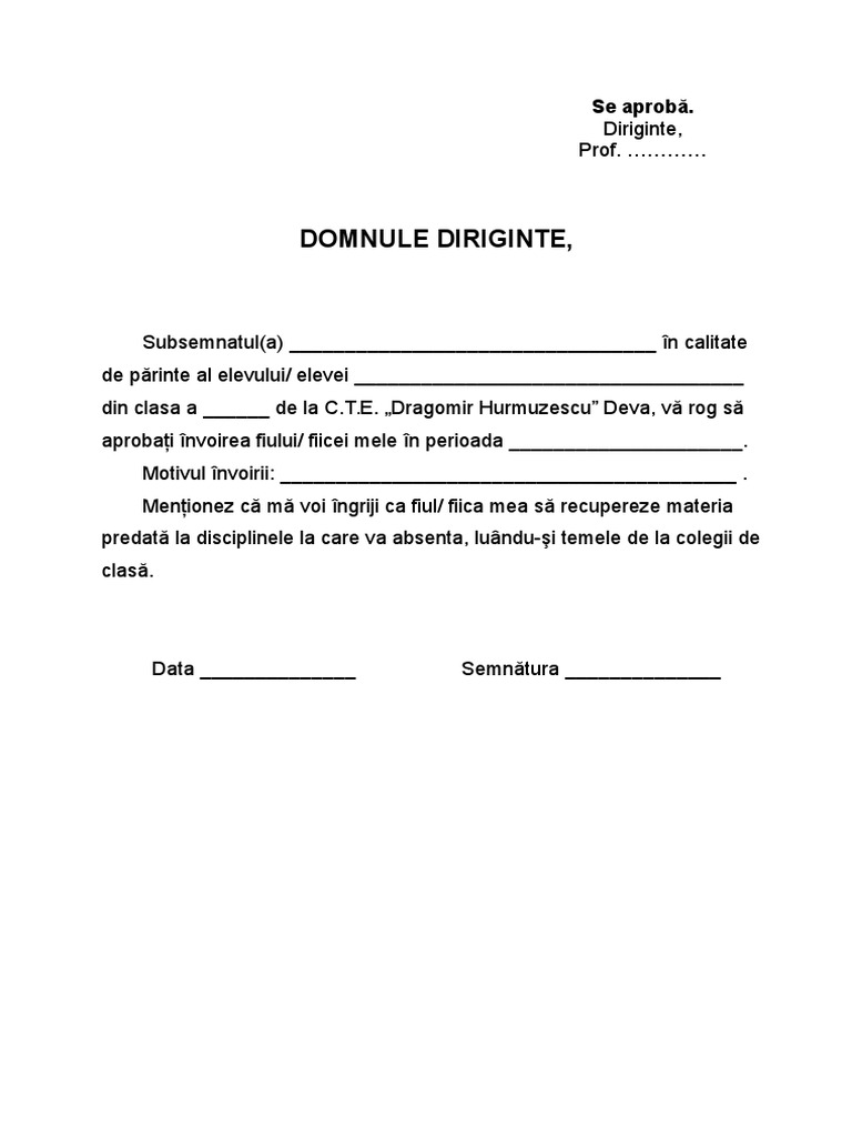 Model Cerere INVOIRE Elevi | PDF