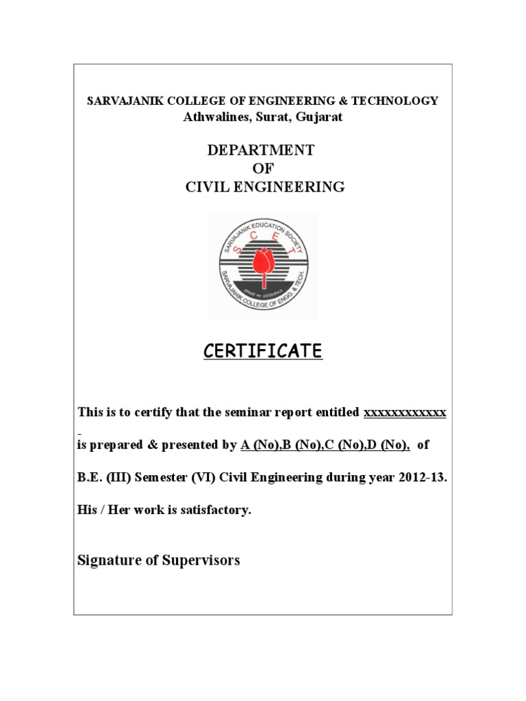 Department OF Civil Engineering: Certificate | PDF