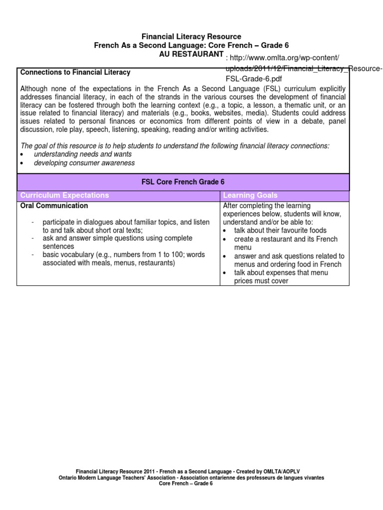 Financial Literacy Resource French As A Second Language: Core French ...
