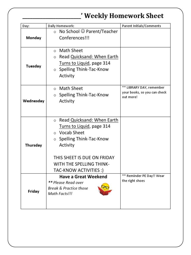 Weekly Homework Sheets | PDF