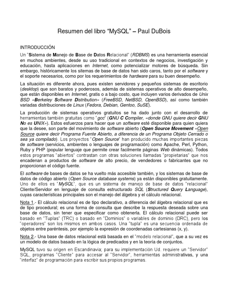 Resumen Del Libro MySQL - Introducción | PDF | Mi sql | Base de datos relacional