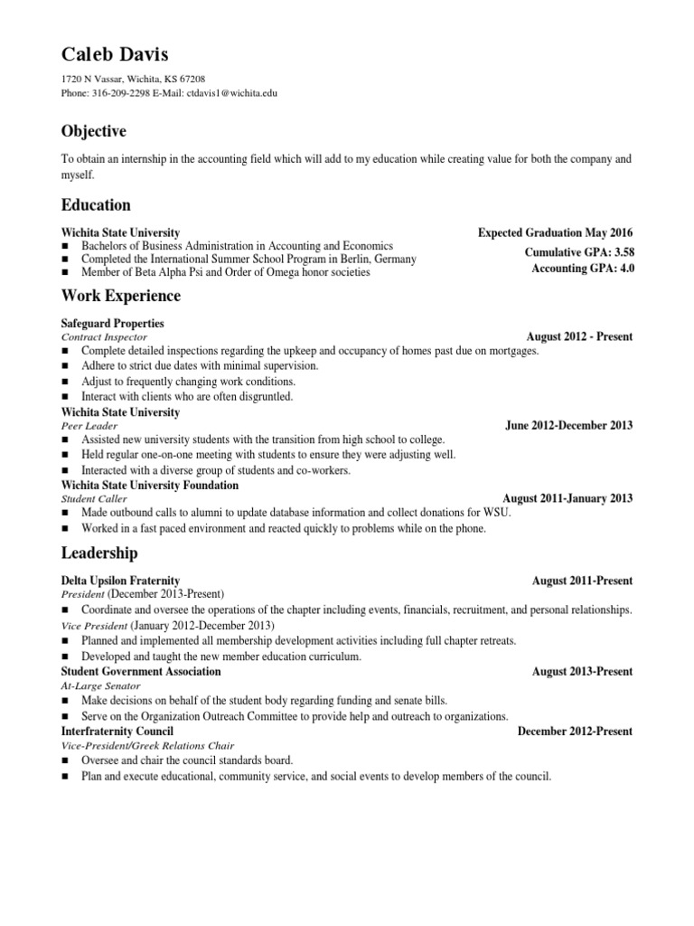 Accounting Internship Resume for Caleb Davis | PDF | Career & Growth