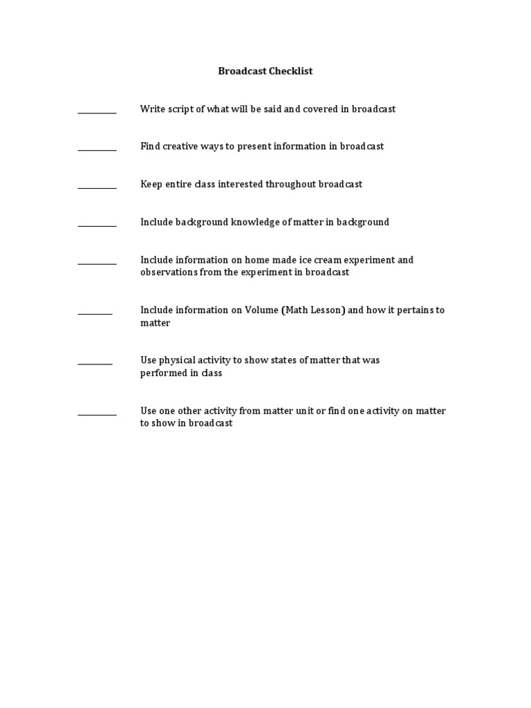 Broadcast Checklist for Science Lesson | PDF | Art