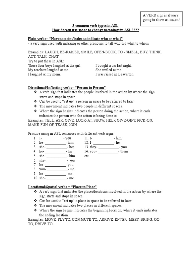 3 Common Verb Types in ASL How Do You Use Space To Change Meanings in ...