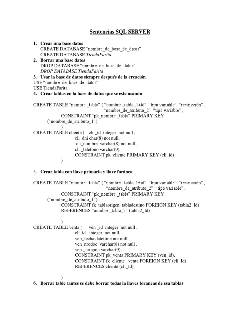 Sentencias SQL SERVER PDF | PDF | Tabla (base de datos) | Servidor SQL ...