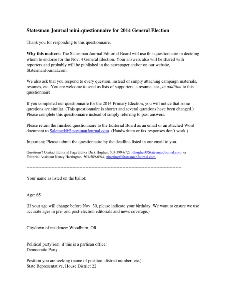 Betty Komp 2014 General Election Questionnaire | PDF | Questionnaire ...