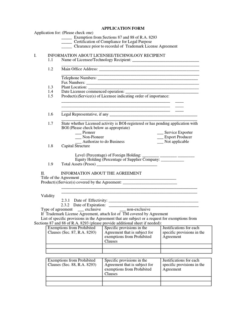 Trademark License Agreement Application Form | PDF