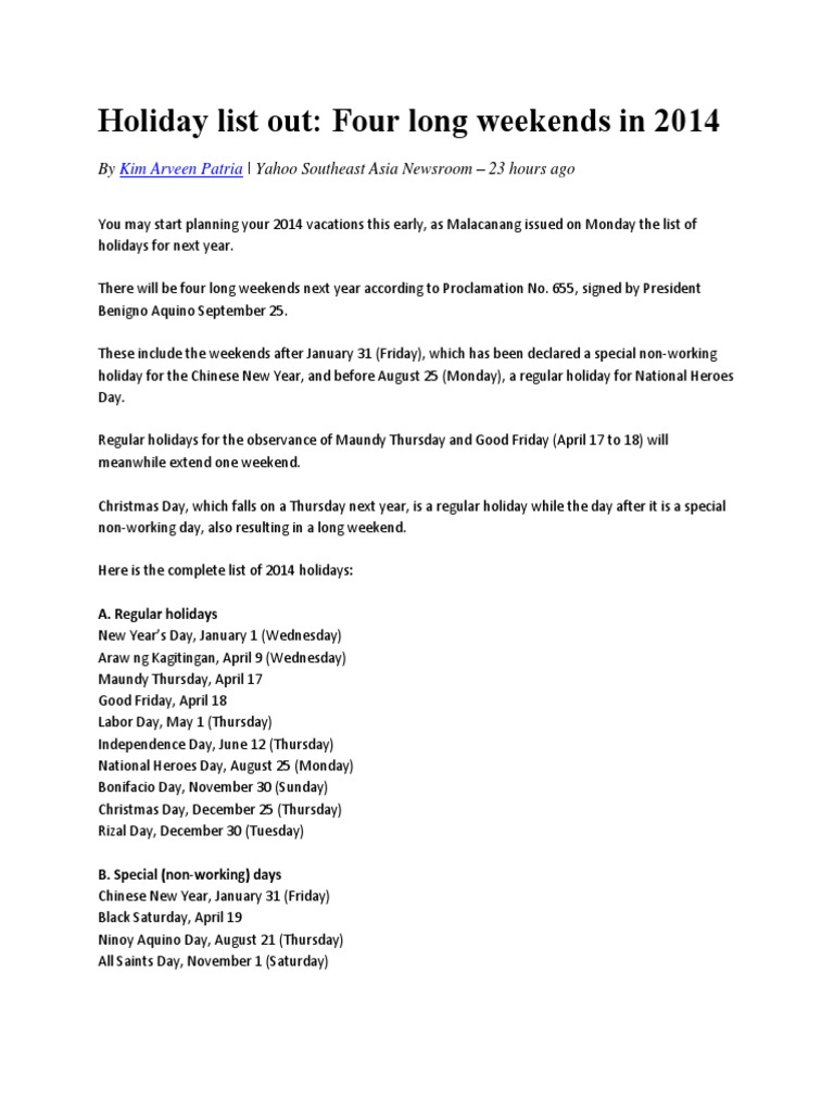 Holiday List Out: Four Long Weekends in 2014: Kim Arveen Patria | PDF ...