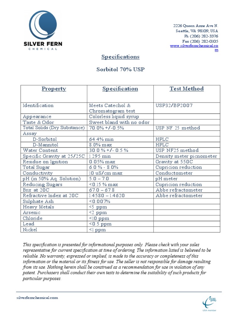 Sorbitol 70 USP Specifications