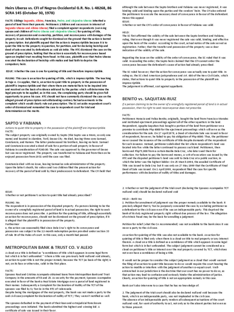 Quieting of Title Cases Property Law | PDF | Title (Property) | Annulment