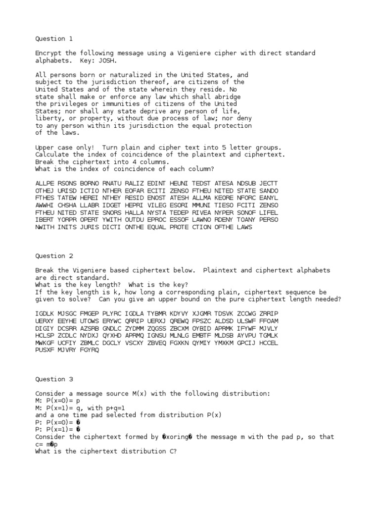 Question 1 Encrypt The Following Message Using A Vigeniere Cipher | PDF | Cipher | Security ...