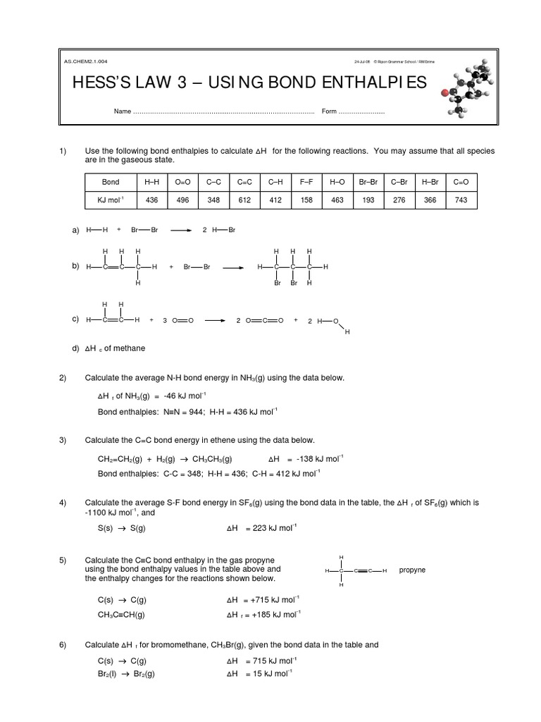 Hess Law and Bond Enthalpy | PDF