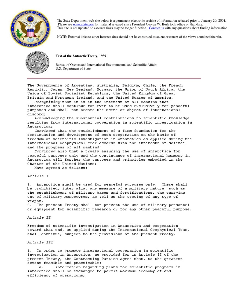 Antarctic Treaty Text and Provisions | PDF | Treaty | Ratification