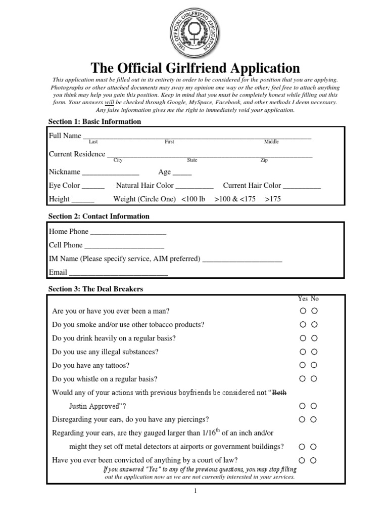 The Official Girlfriend Application: Section 1: Basic Information | PDF