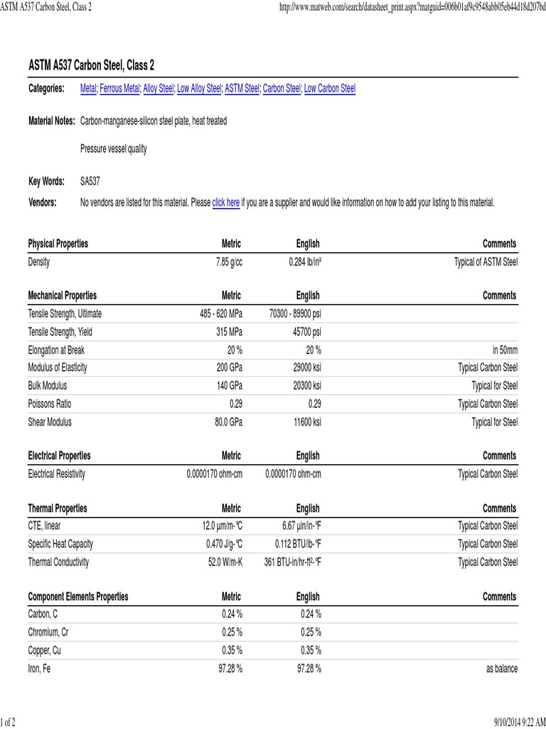ASTM A537 Carbon Steel, Class 2 | Young's Modulus | Steel