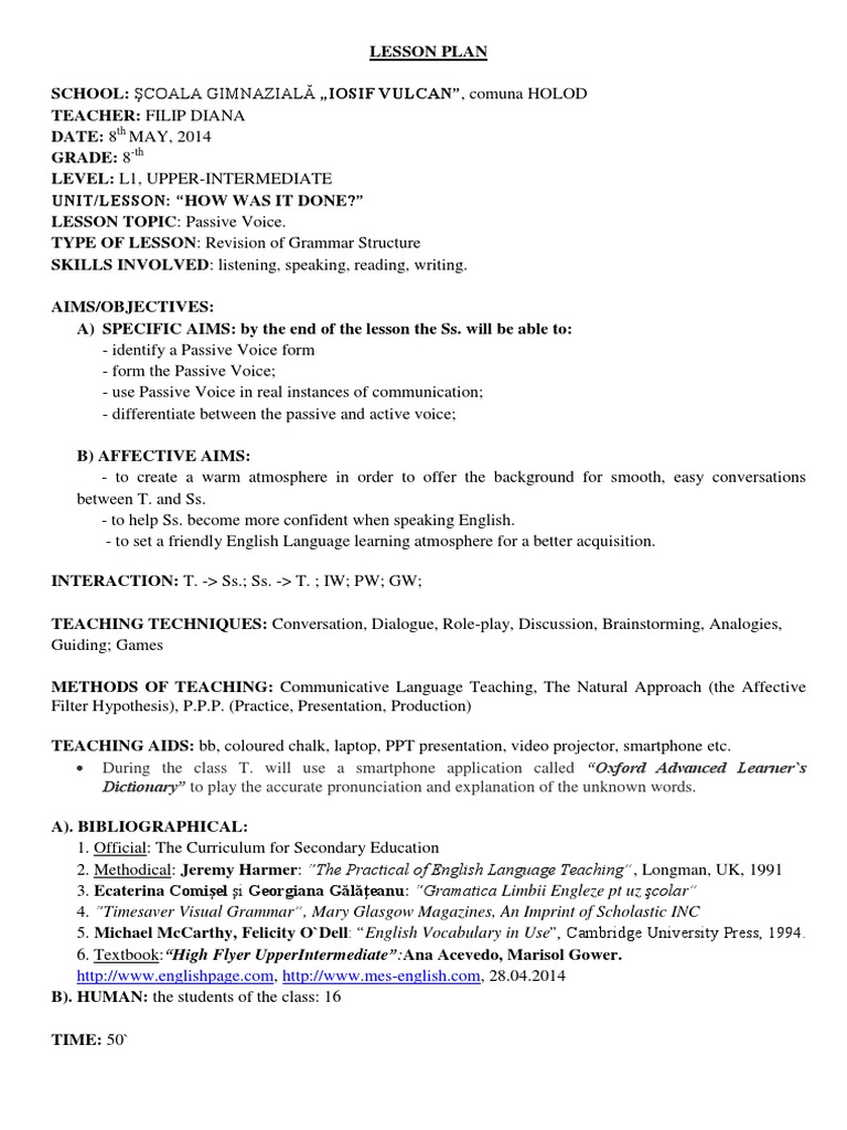 Lesson Plan Viii Passive Voice Final | PDF | Language Education | Verb